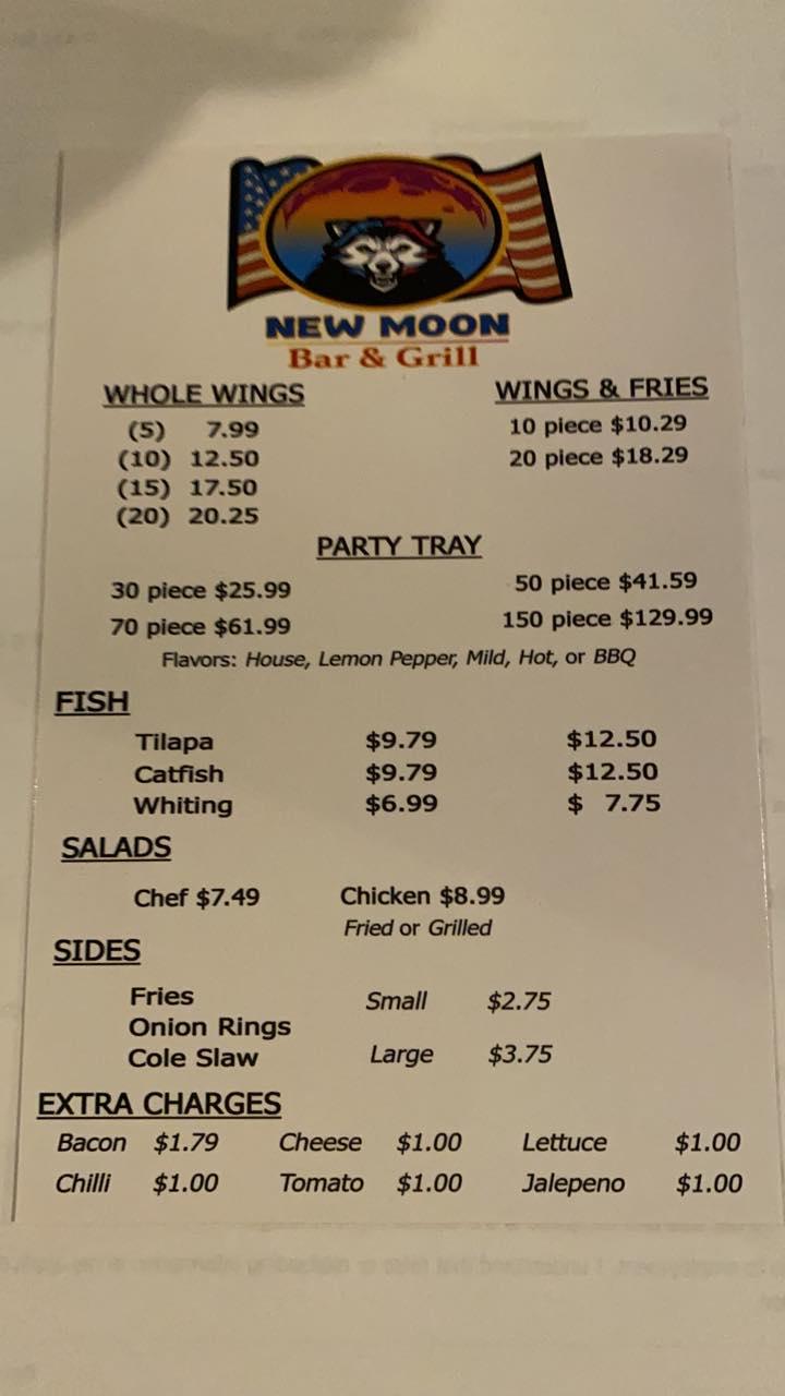 Menu at New Moon bar and grill, Montgomery