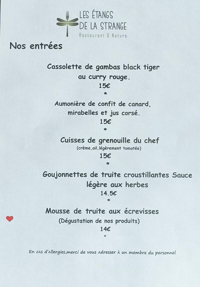Menu at Restaurant les étangs de la Strange, Vaux-sur-Sûre