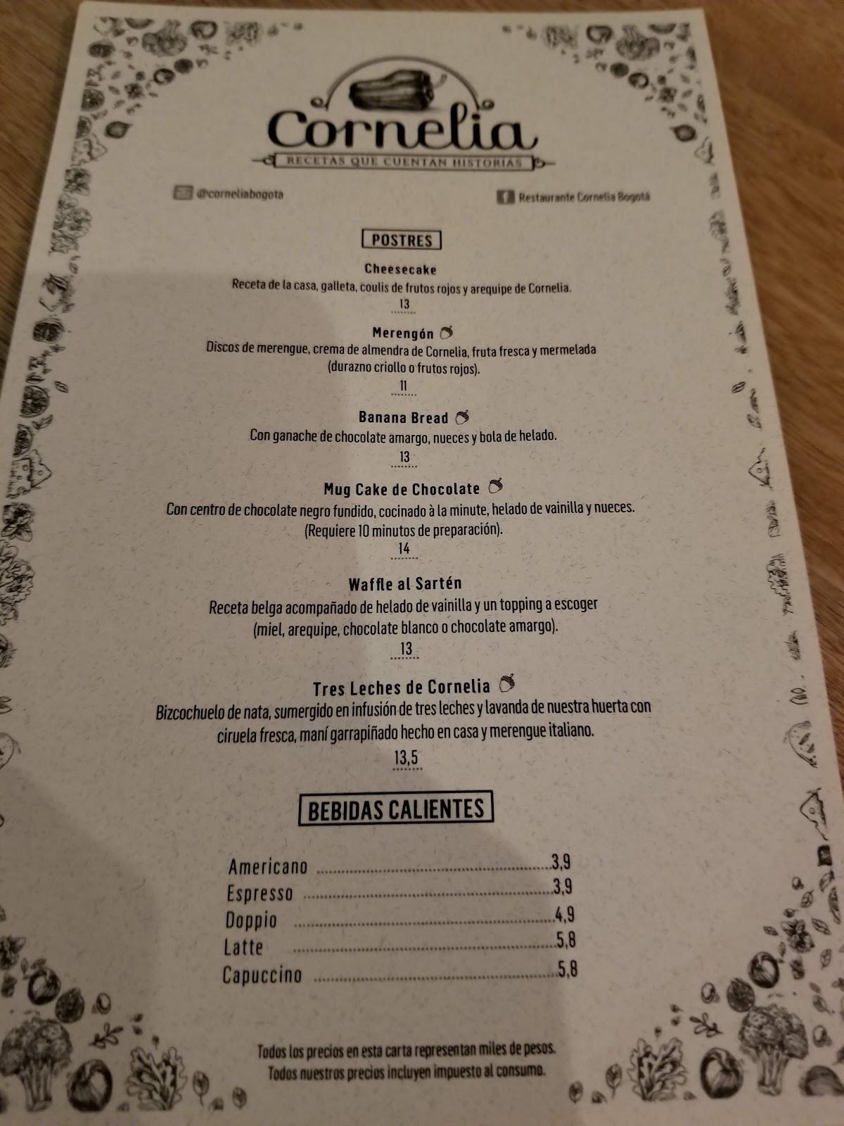 Menu at Restaurante Cornelia, Bogotá