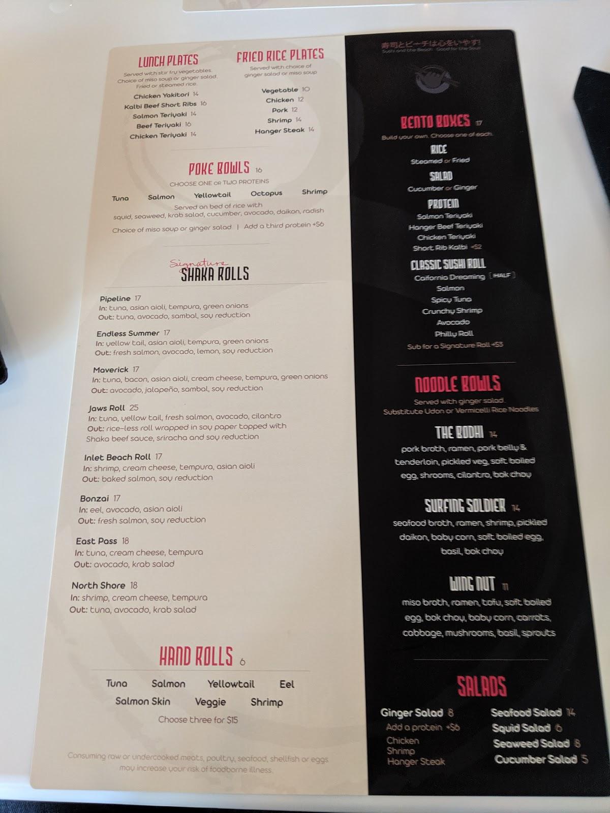 Menu at Shaka Sushi and Cocktail Bar, Rosemary Beach