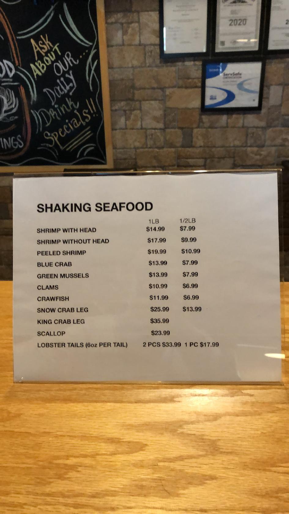 Menu at Shaking Seafood & Wings restaurant, Lexington
