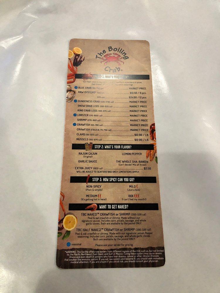 Menu at The Boiling Crab restaurant, Las Vegas, S Decatur Blvd