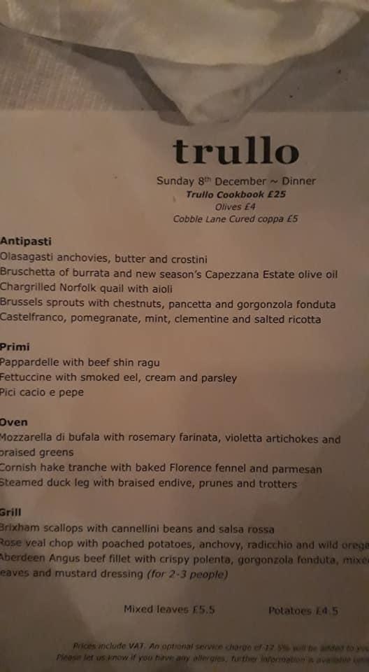 Menu at Trullo restaurant, London