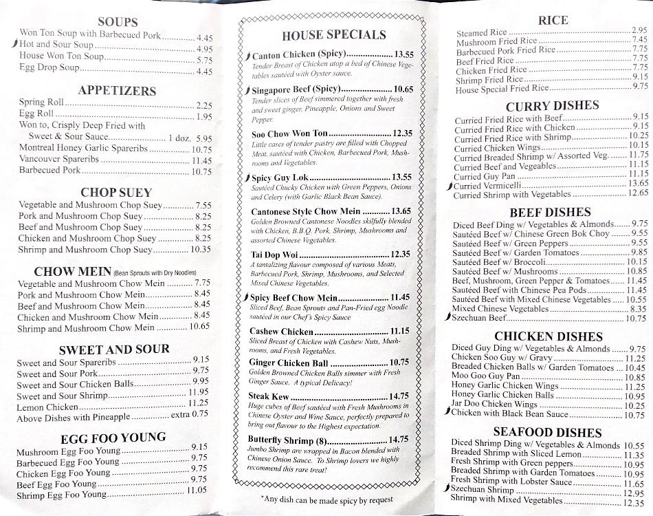 Menu at Wong's Garden restaurant, London