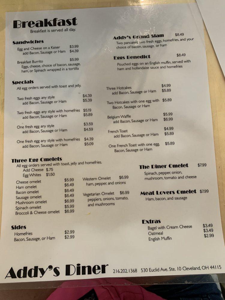 Menu at Addy's Diner restaurant, Cleveland