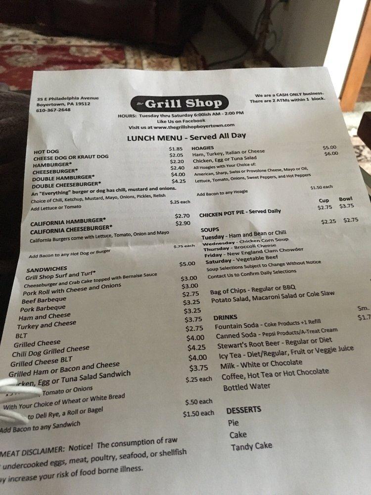 Menu at Grill Shop restaurant, Boyertown, 35 E Philadelphia Ave # 1