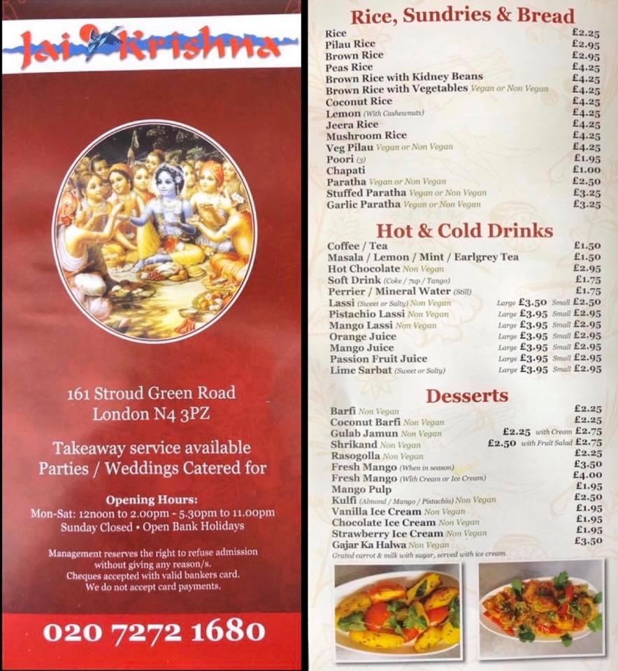 Menu at Jai Krishna restaurant, London, 161 Stroud Green Rd