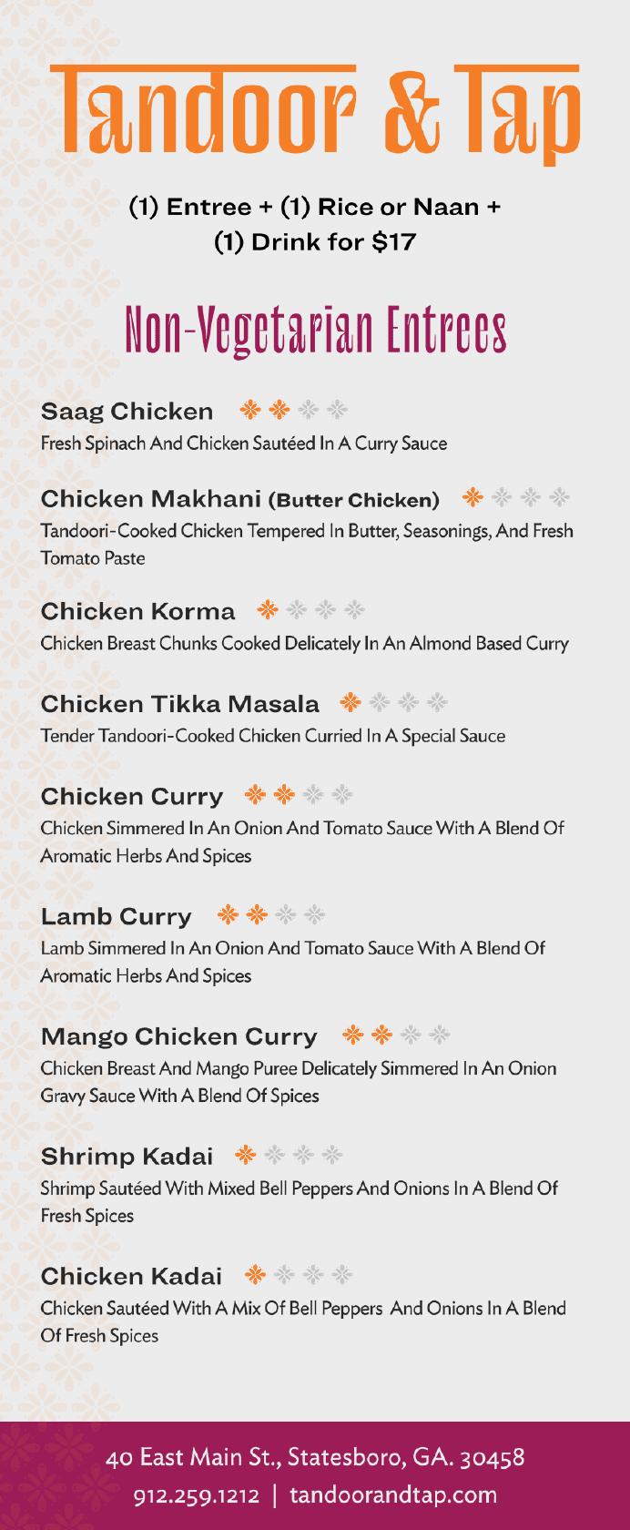 Menu at Tandoor and Tap restaurant, Statesboro