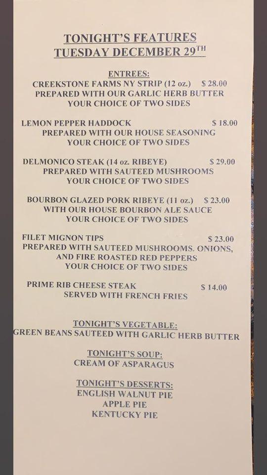 Menu at The Steak House steakhouse, Wellsboro