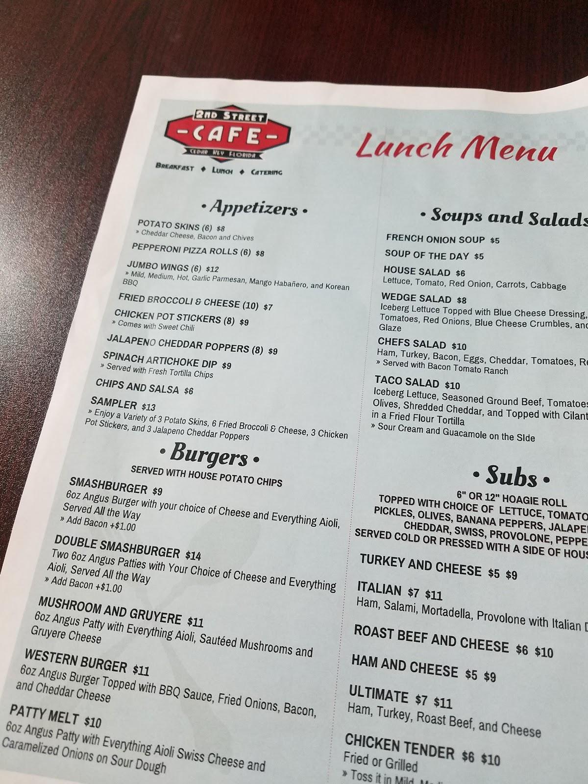 Menu at 2nd Street Cafe, Cedar Key