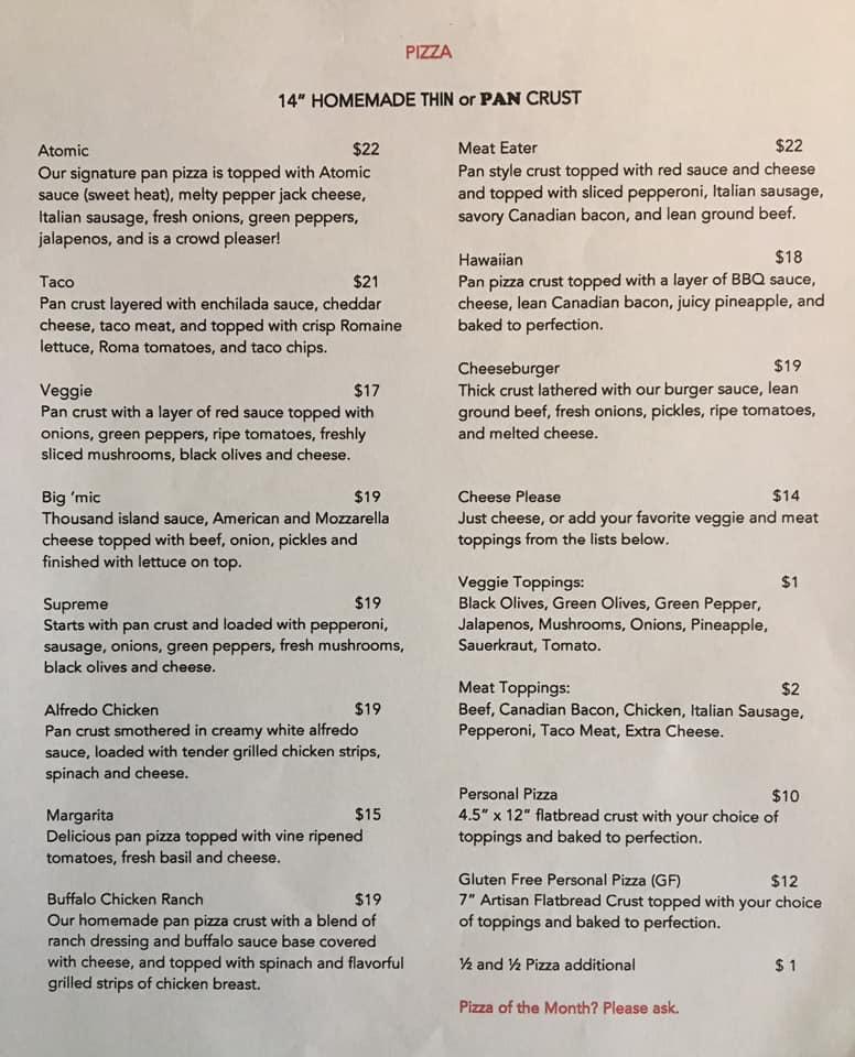 Menu at Atomic Pizza Pub, Cresco