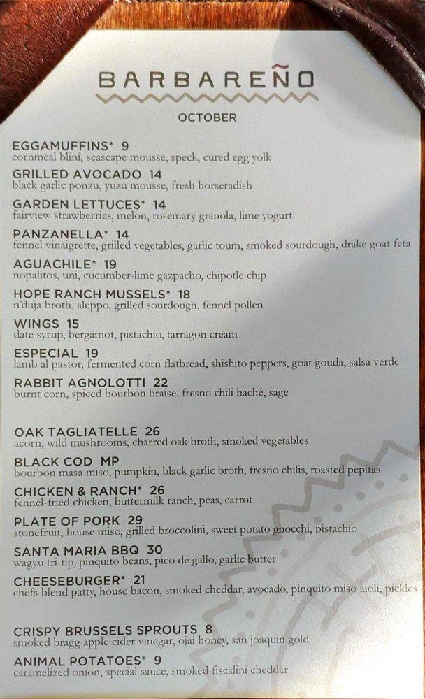 Menu at Barbareño, Santa Barbara