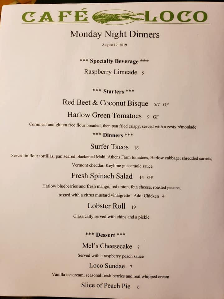 Menu at Cafe Loco, Westminster