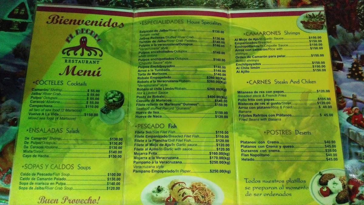 Carta del restaurante El Recreo, Boca del Río, Av. Revolución 402