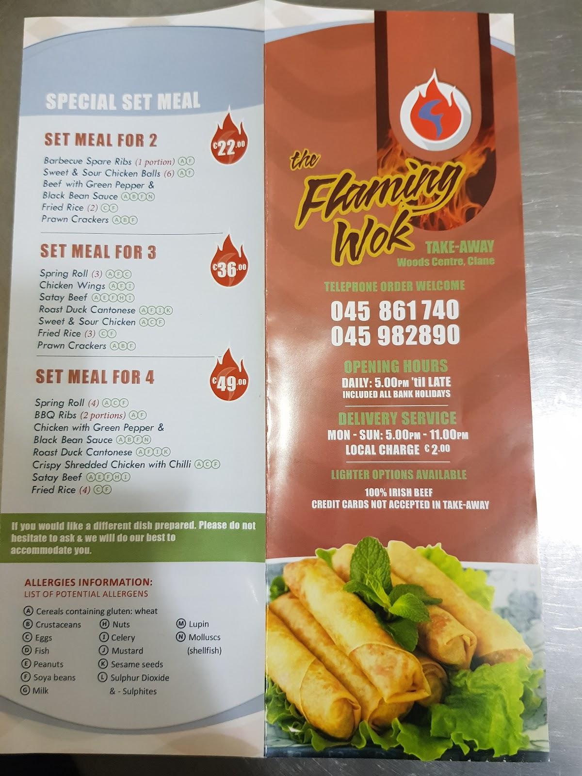 Menu at Flaming Wok fast food, Clane, PUBLIC LIBRARY