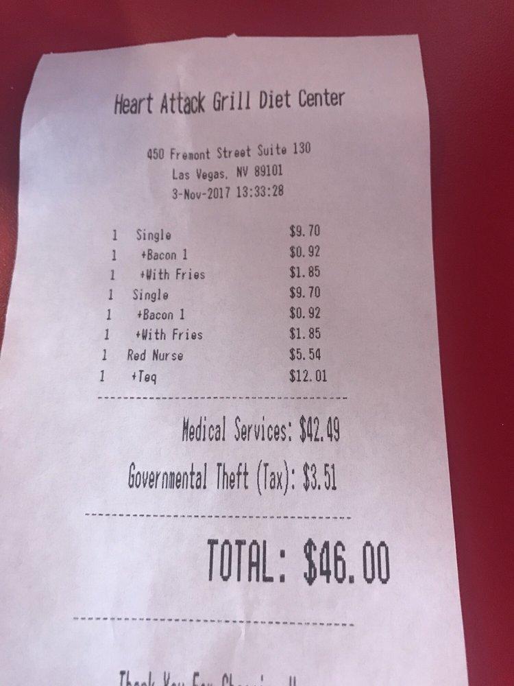 Menu at Heart Attack Grill restaurant, Las Vegas, 450 Fremont St #130
