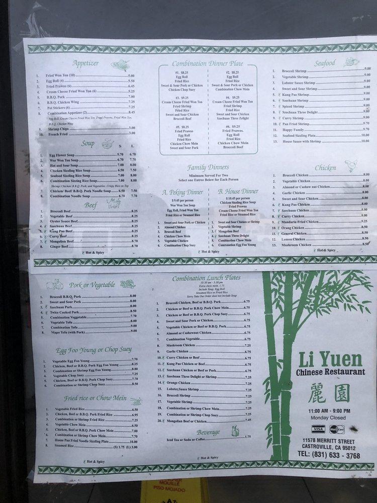 Menu at Li Yuen Chinese Restaurant, Castroville