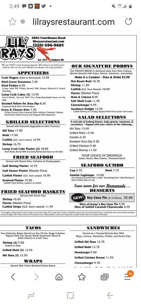 Menu at Lil Rays restaurant, Gulfport
