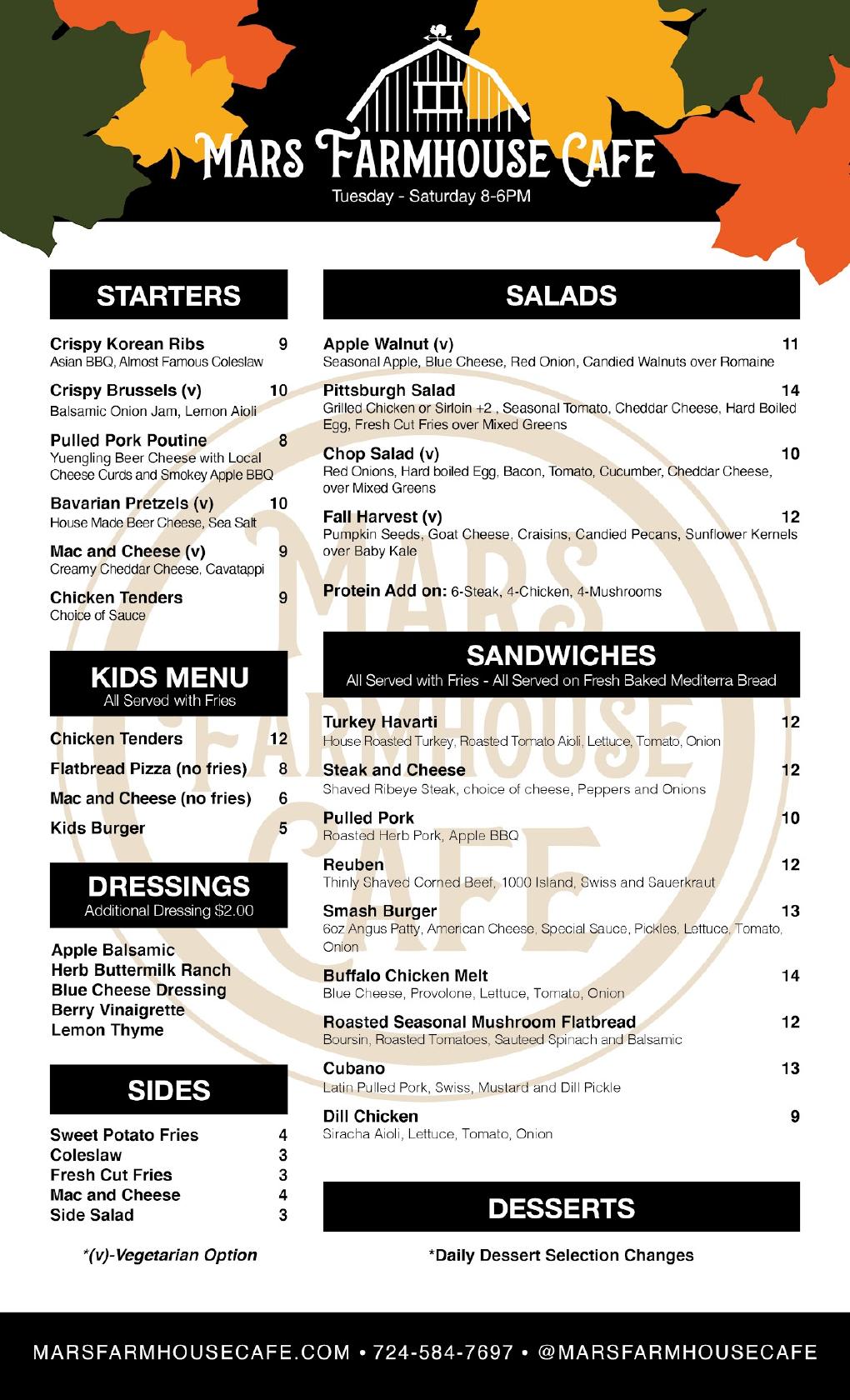 Menu at Mars Farmhouse Cafe, Mars