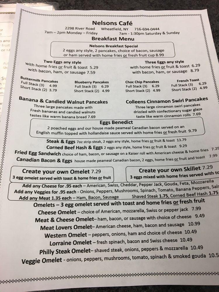 Menu at Nelsons Cafe, Niagara Falls