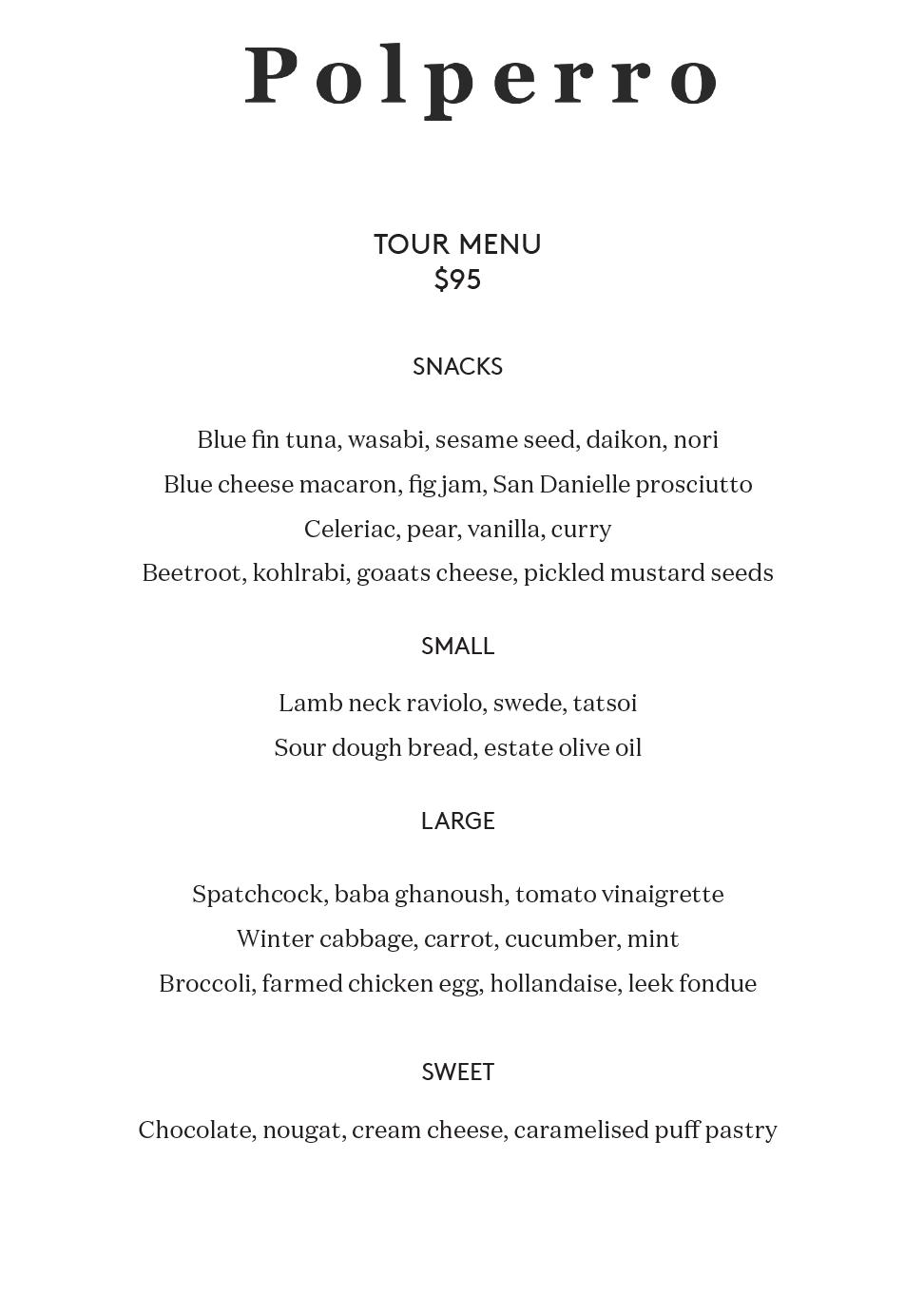 Menu at Polperro Winery restaurant, Red Hill