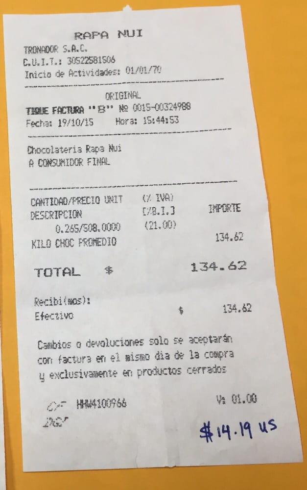 Carta de cafetería Chocolates Rapa Nui, San Carlos de Bariloche, Mitre