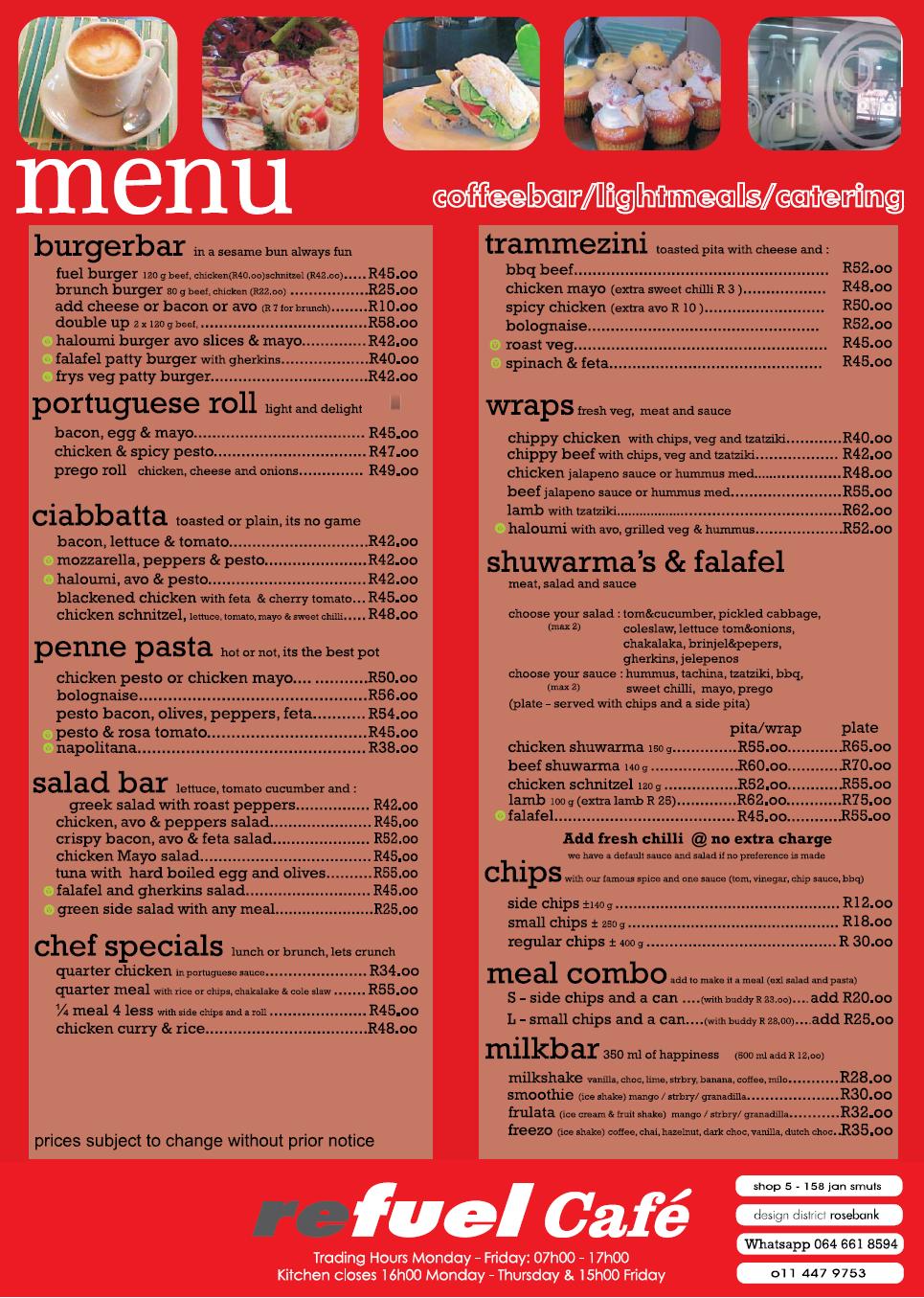 Menu at ReFuel Cafe, Johannesburg, shop no 5