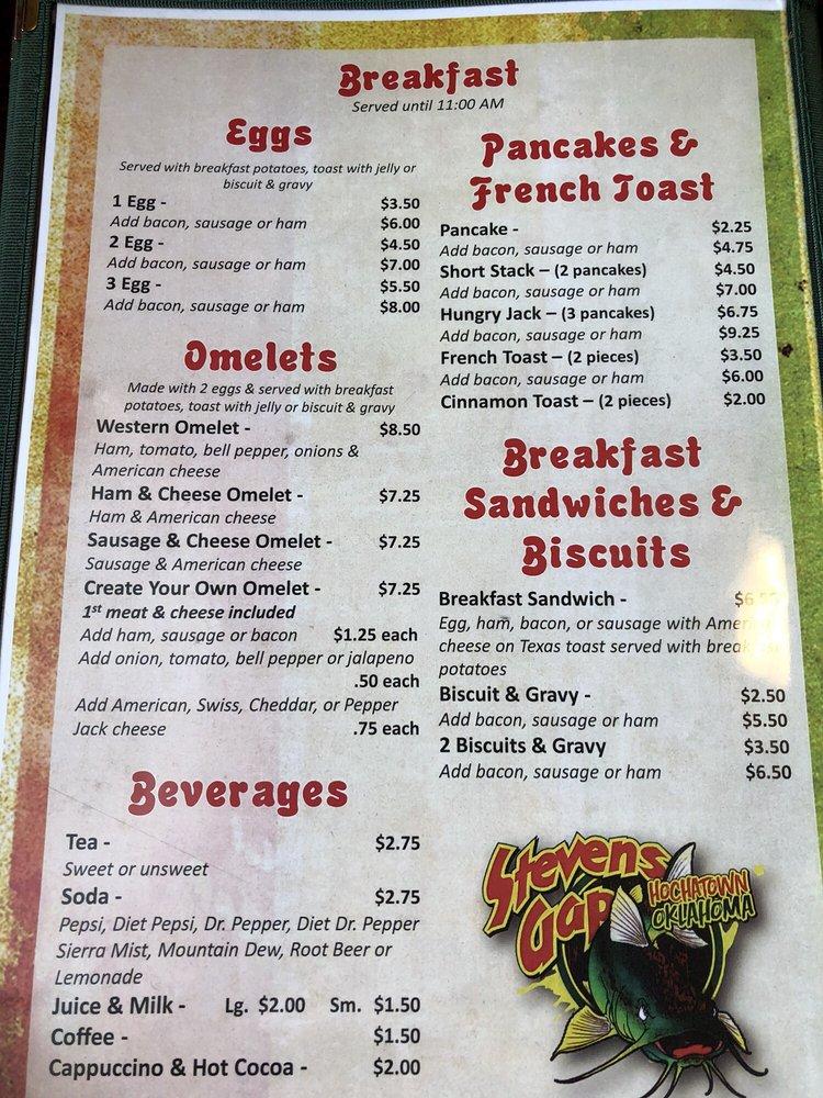 Menu at Stevens Gap restaurant, Broken Bow, N US Hwy 259