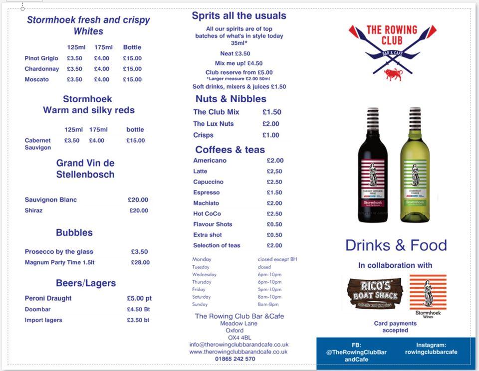 Menu at The Rowing Club Bar and Cafe, Oxford