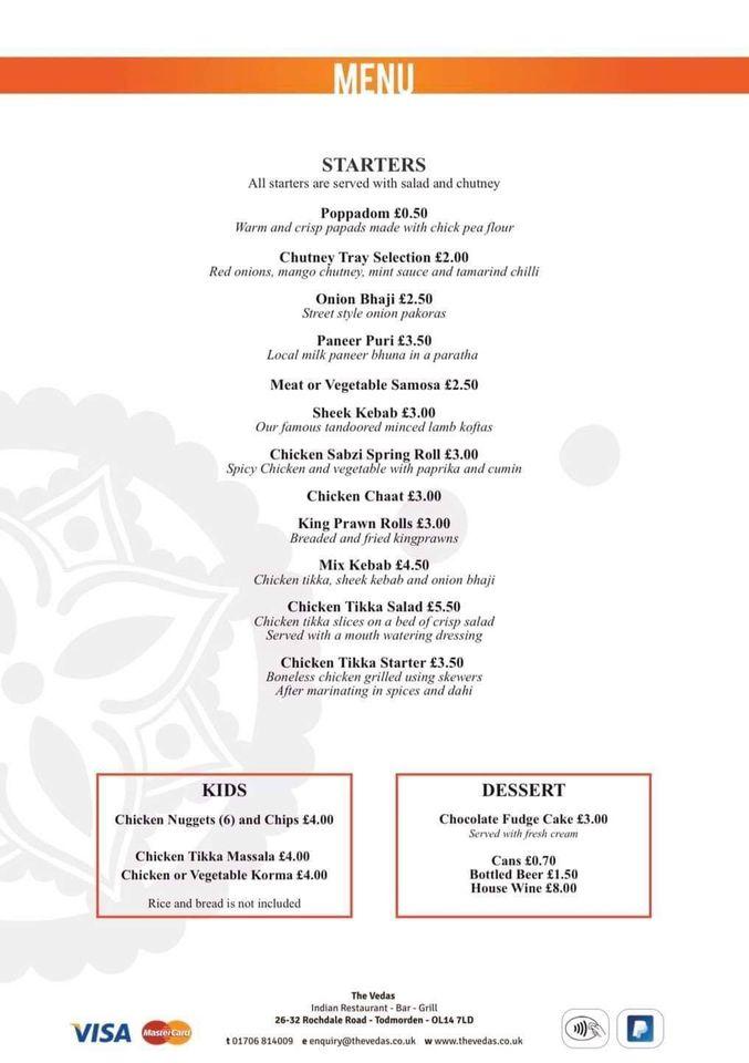 Menu at The Vedas restaurant, Todmorden