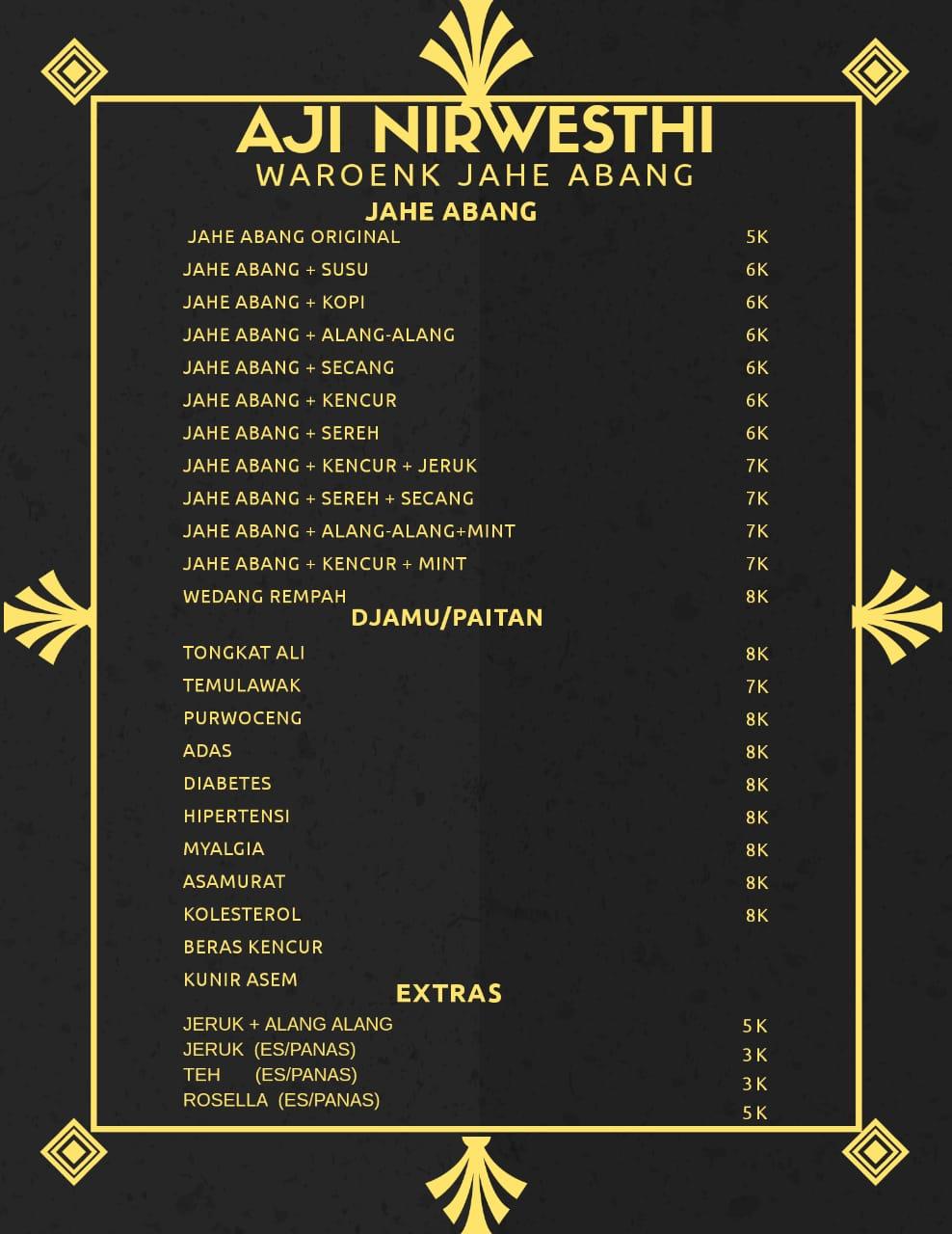 Carta del café Wedangan Jahe Abang Aji Nirwesthi, Salatiga