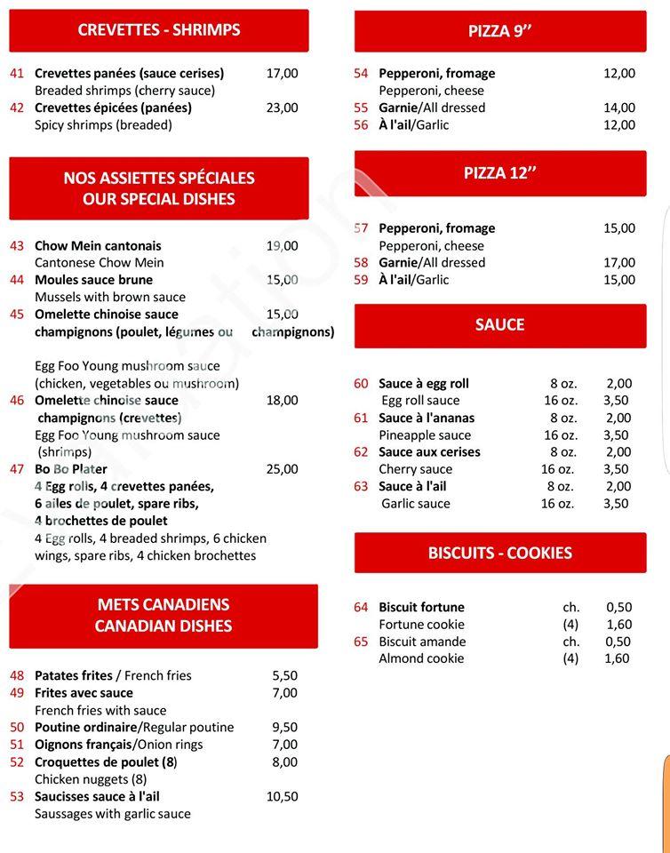 Menu au Buffet Ho King restaurant, Sept-Iles