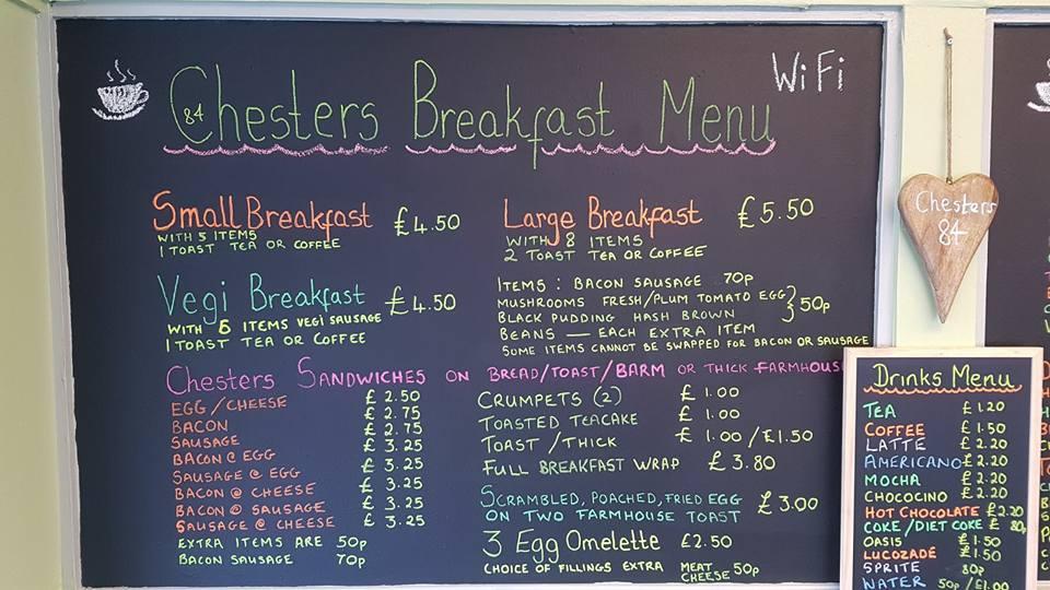 Menu at Chester's @ 84 cafe, Warrington