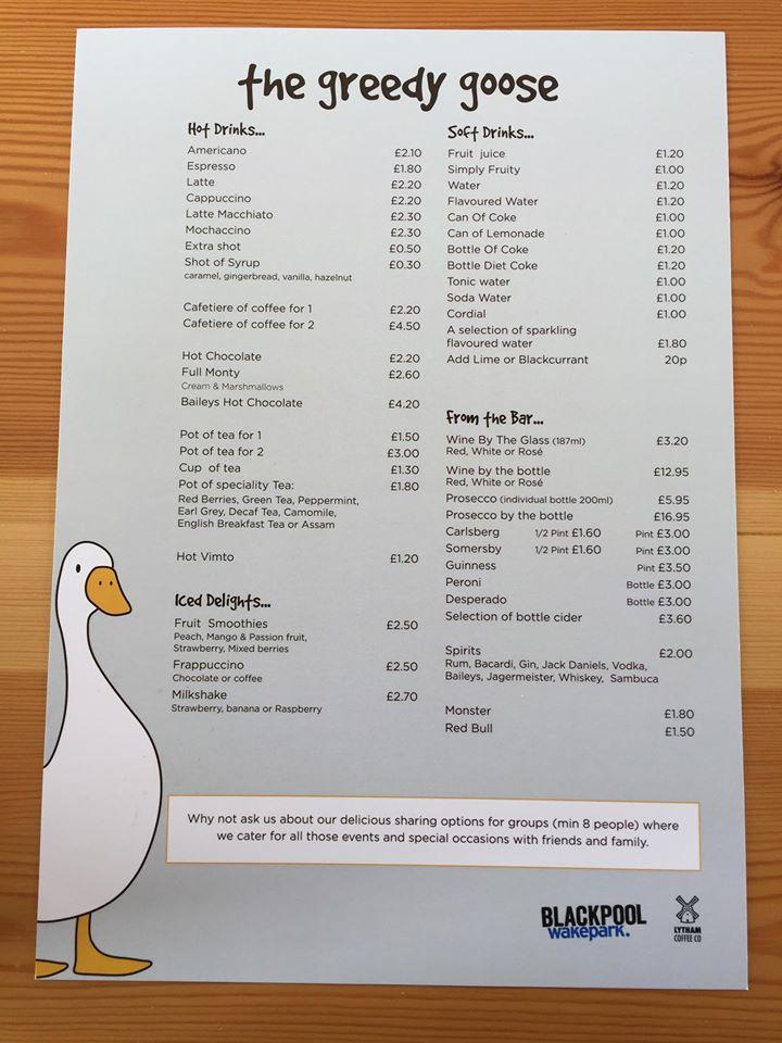 Menu at Greedy Goose at Blackpool Wake Park restaurant, Weeton-with-Preese