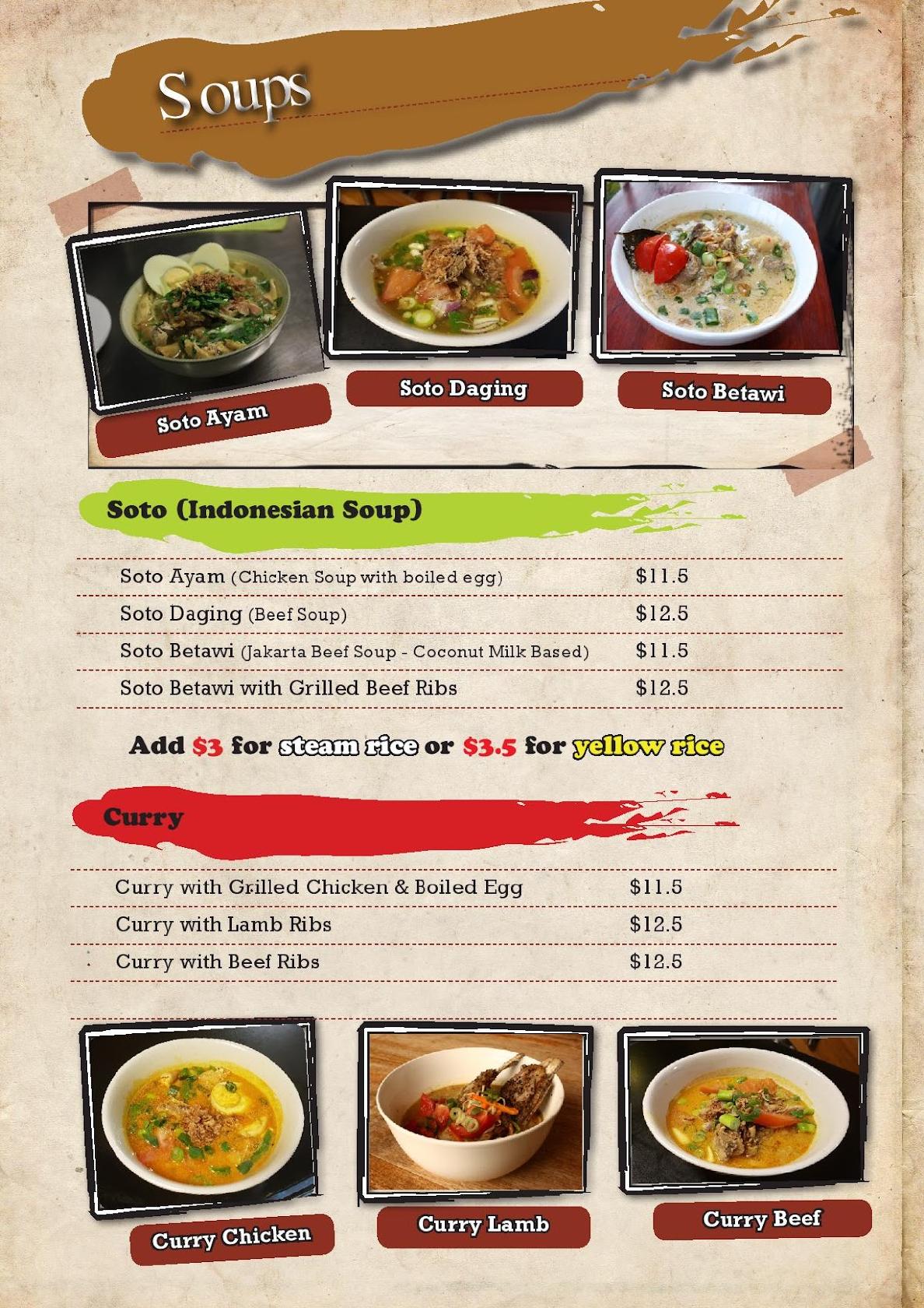 Menu at Kedai Satay in Wells St restaurant, South Melbourne, 196 Wells St