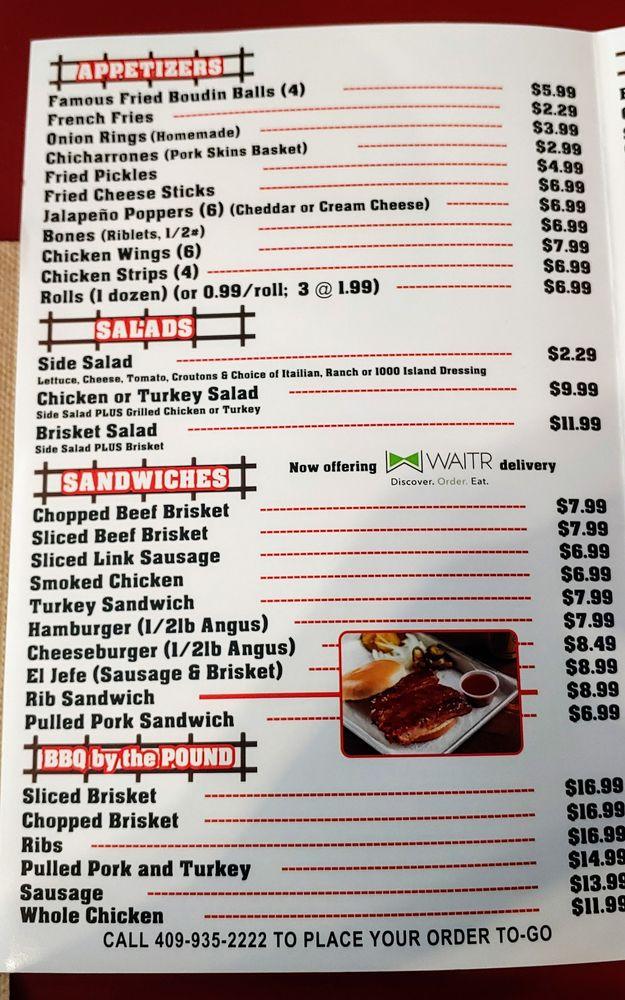 Menu at Texas Pit Stop BBQ, La Marque, Gulf Fwy