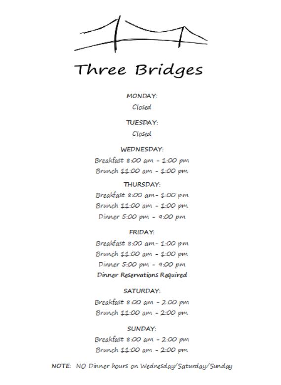 Menu at Three Bridges restaurant, Follansbee