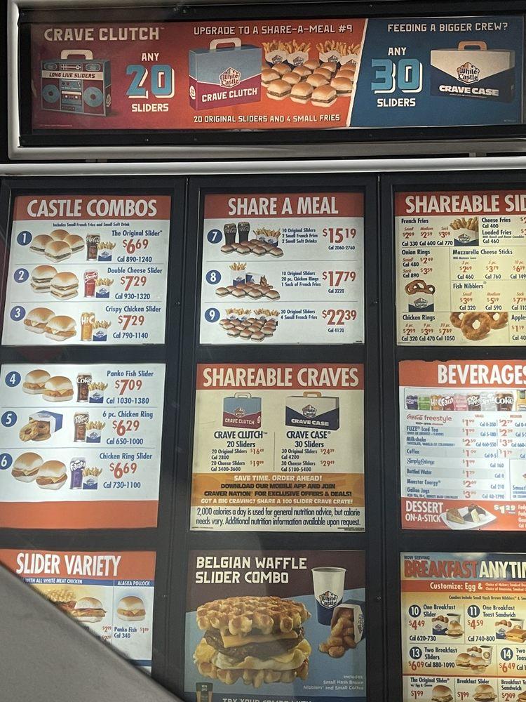 Menu at White Castle fast food, Chicago, W 63rd St