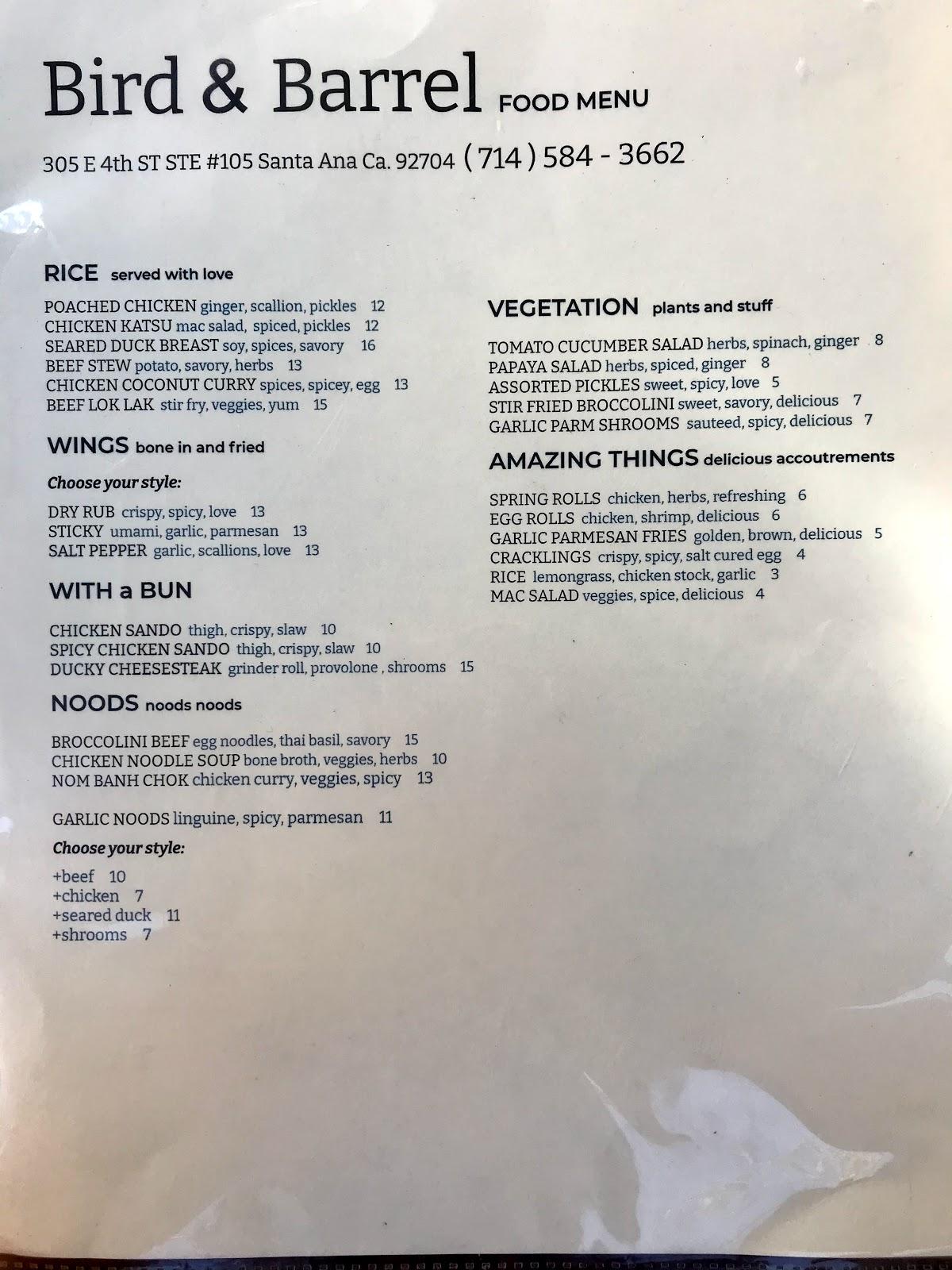 Menu at Bird & Barrel, Santa Ana