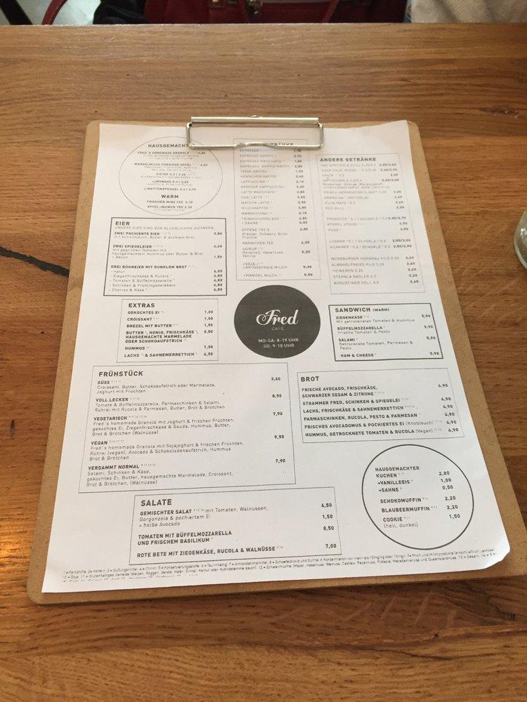 Menu at Fred cafe, Würzburg