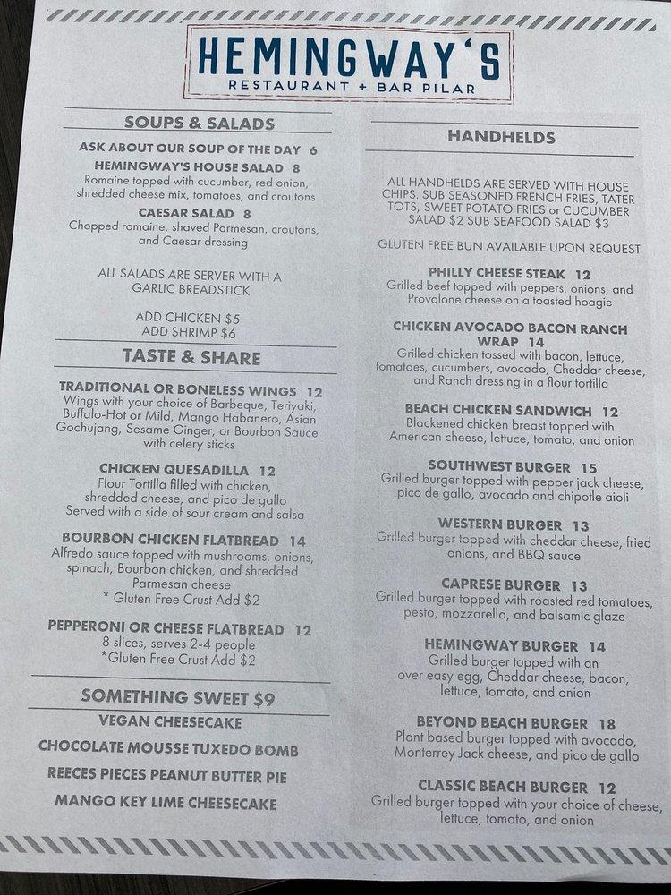 Menu at Hemingway's Restaurant & Bar Pilar, Virginia Beach