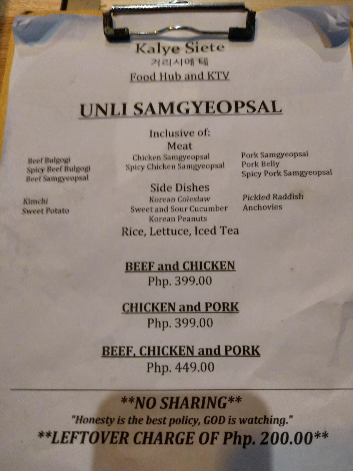Menu at Kalye Siete Food Hub & KTV restaurant, Zamboanga