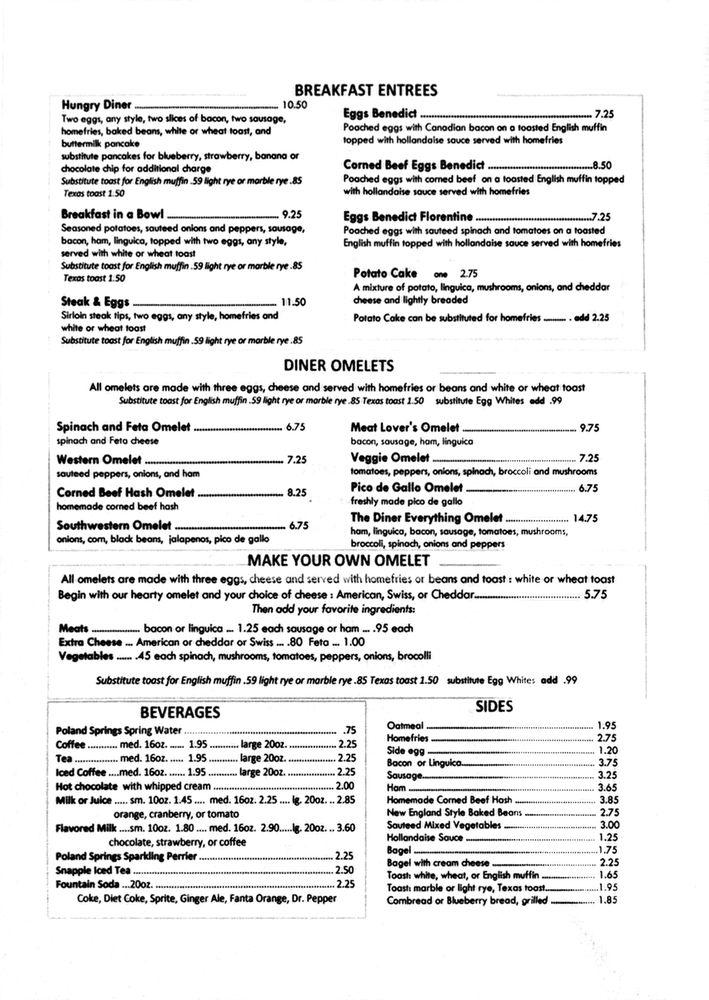 Menu at Mel's Diner restaurant, Raynham