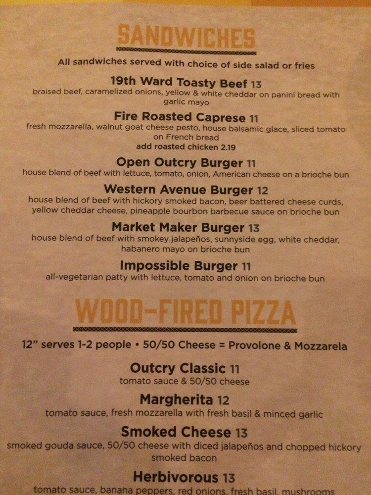 Menu at Open Outcry Brewing Company pizzeria, Chicago