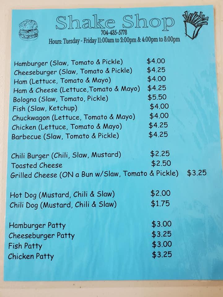 Menu at Shake Shop restaurant, Cherryville