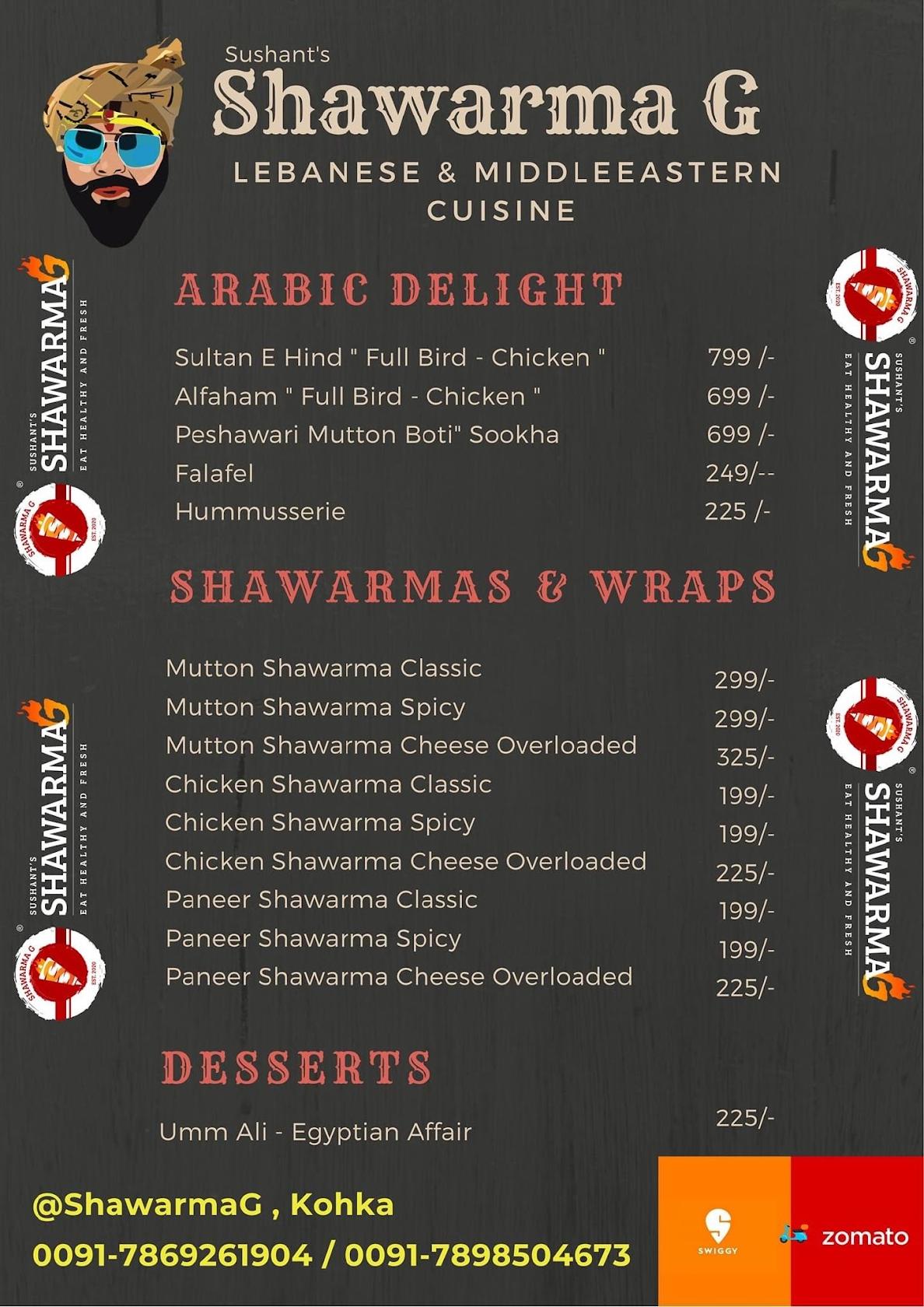 Menu at Shawarma G, Bhilai