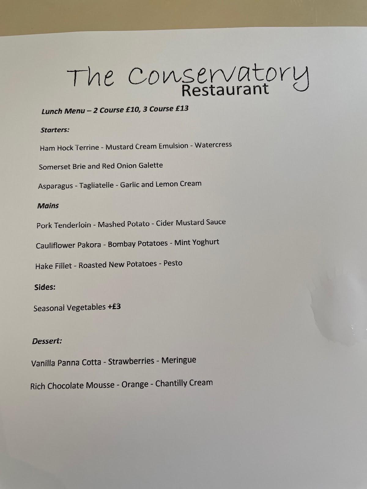 Menu at The Conservatory restaurant, Exeter