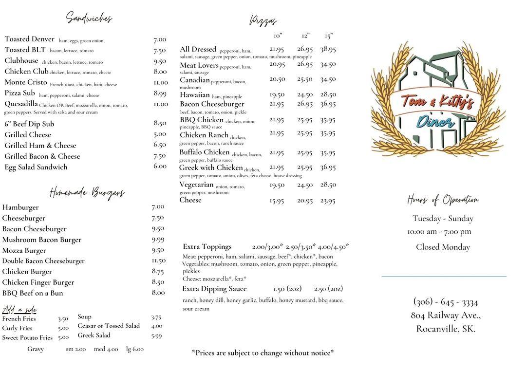 Menu at Tom and Kitty's Diner restaurant, Rocanville