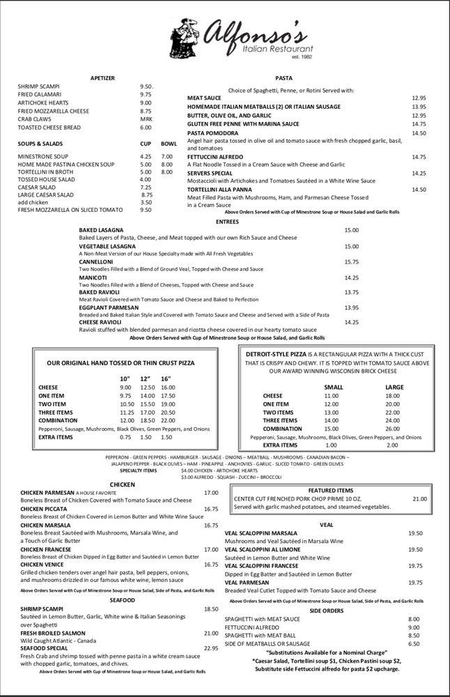 Menu at Alfonso's pizzeria, Dallas, 718 N Buckner Blvd #222