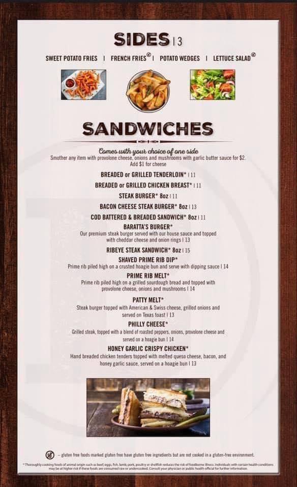 Menu at Baratta's Steakhouse, Carroll, US Hwy N